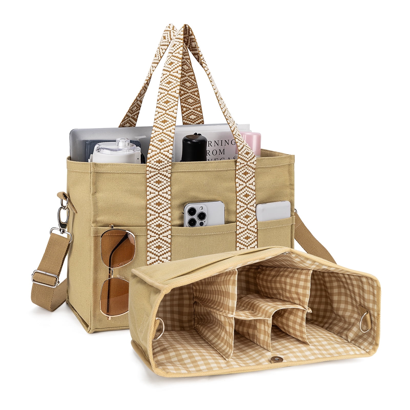 Kabaqoo Canvas Tote Bag with Multi Pockets, Crossbody Tote with ...