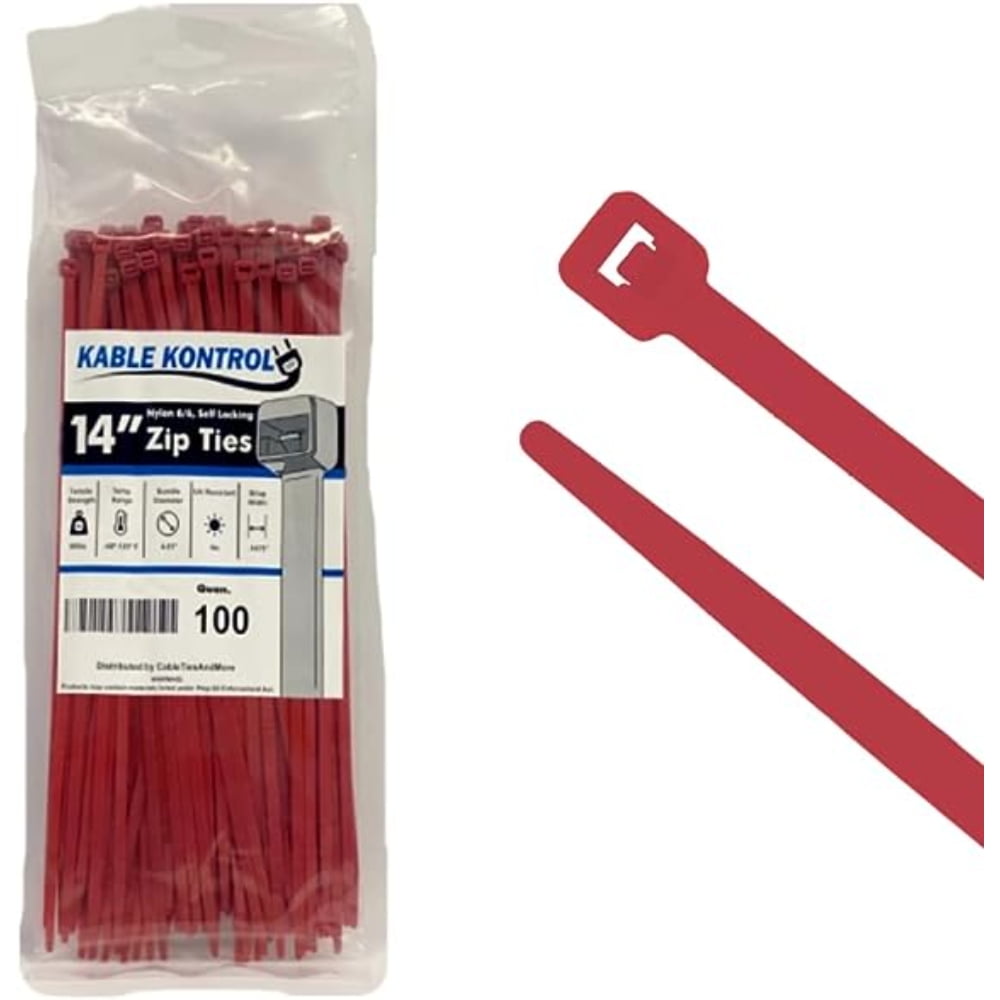 Kable Kontrol - 14" Long Red Nylon Zip Ties - 50 Lbs Tensile Strength - 100 Pc Pack - Walmart.com