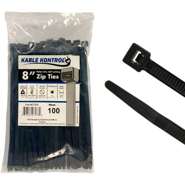 Kable Kontrol Black Zip Ties - 8" Inch Long Heavy Duty - UV Resistant Nylon - 120 Lbs Tensile ...