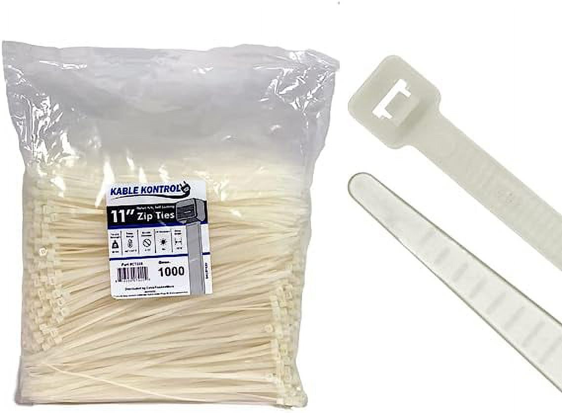 Kable Kontrol Clear Zip Ties - 11" Inch Long - Natural Nylon - 50 Lbs Tensile Strength - 1000 pc ...