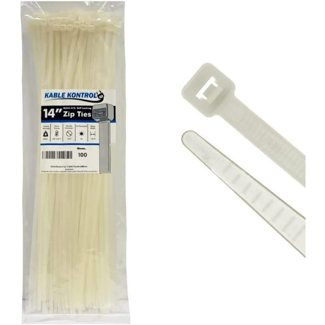 Kable Kontrol Clear Zip Ties - 14" Inch Long - Natural Nylon - 50 Lbs Tensile Strength - 100 pc ...