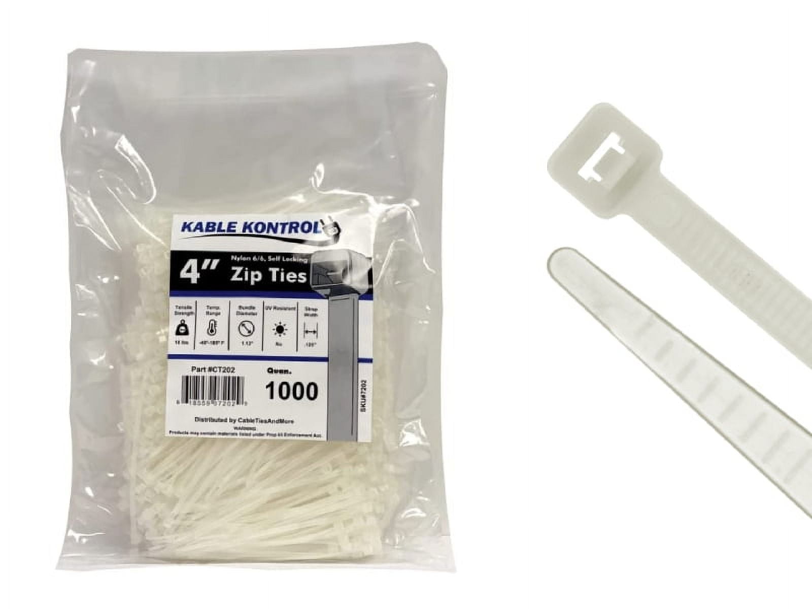 Kable Kontrol Clear Zip Ties - 4" Inch Long - Natural Nylon - 18 Lbs Tensile Strength - 1000 pc ...