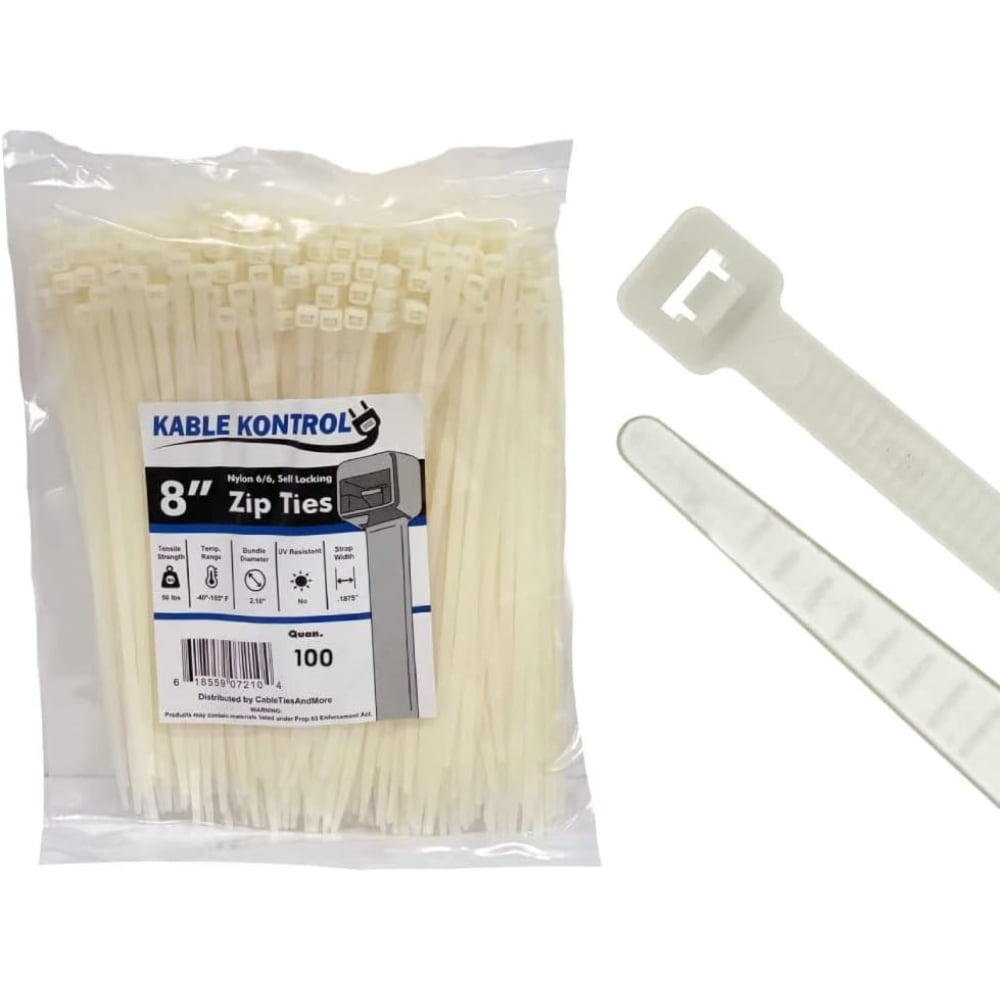 Kable Kontrol Clear Zip Ties - 8" Inch Long - Natural Nylon - 50 Lbs Tensile Strength - 100 pc ...
