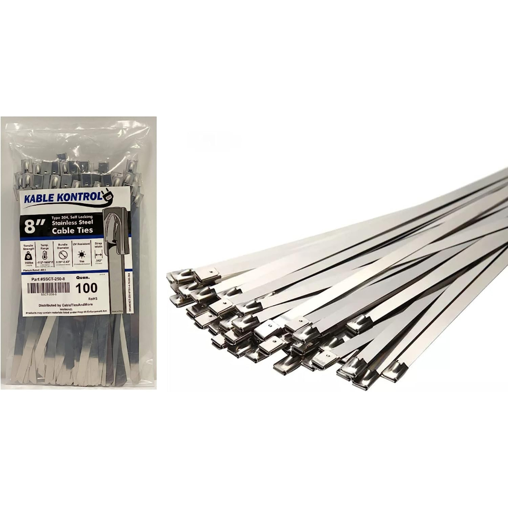 Kable Kontrol Heavy Duty Stainless Steel Metal Zip Ties - 8" Long - 350 Lbs Tensile Strength ...