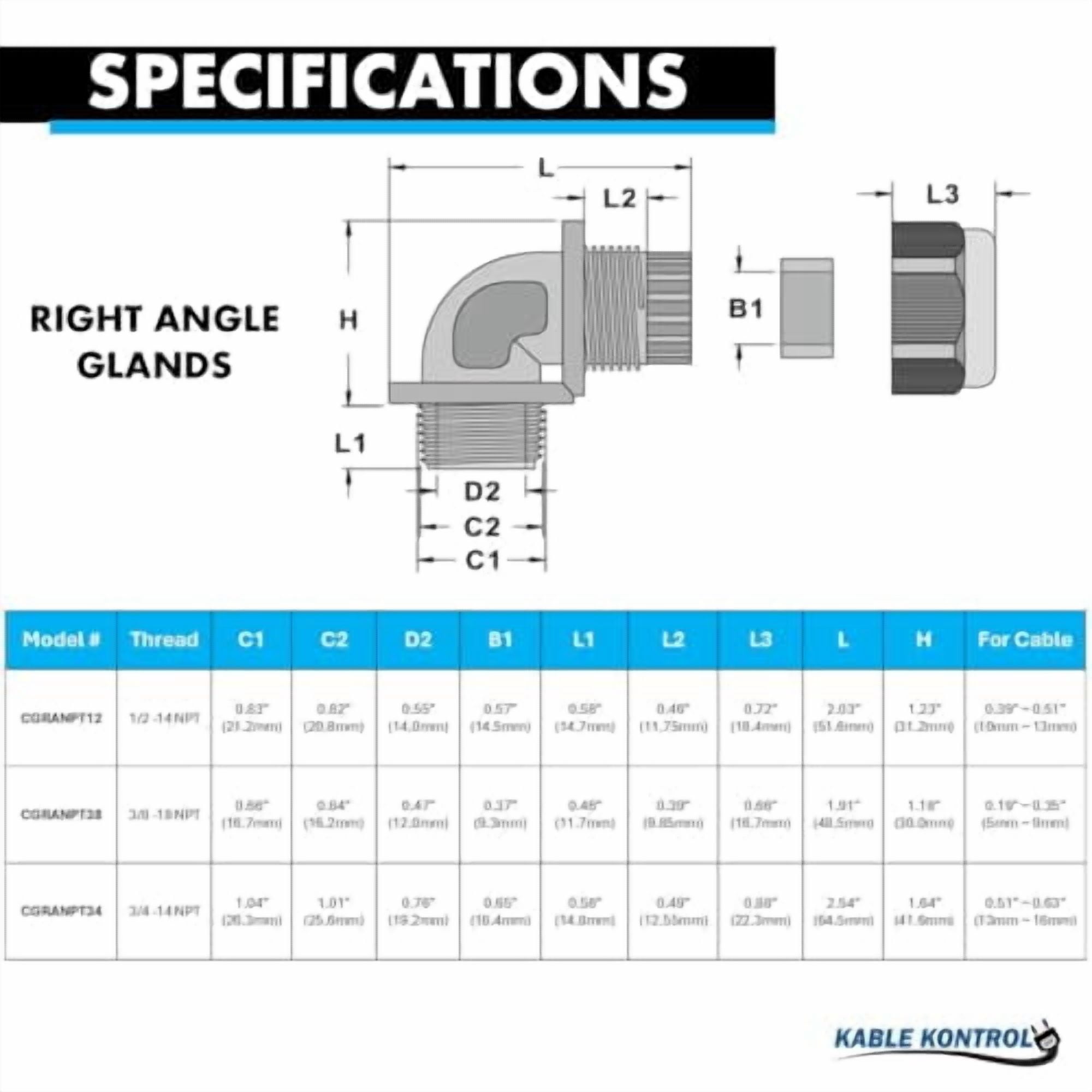 Kable Kontrol Nylon Cable Glands 1/2” Right Angle Joint Elbow Gland 14 ...