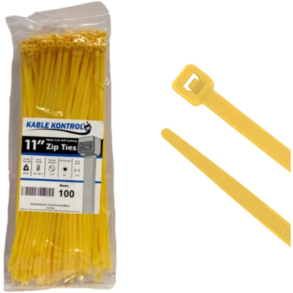 Kable Kontrol Zip Ties - 11" Long - 100 Pc Pk - Yellow color - Nylon - 50 Lbs Tensile Strength ...