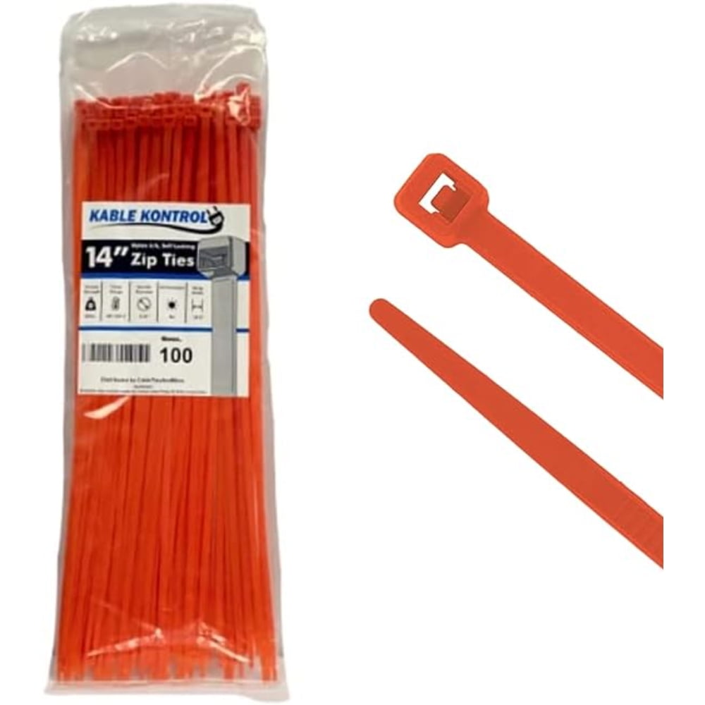 Kable Kontrol Zip Ties - 14" Long - 100 Pc Pk - Orange color - Nylon - 50 Lbs Tensile Strength ...