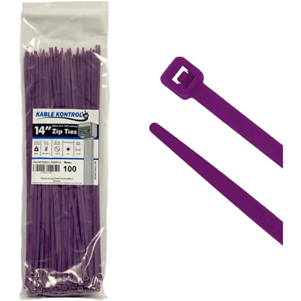 Kable Kontrol Zip Ties - 14" Long - 100 Pc Pk - Purple color - Nylon - 50 Lbs Tensile Strength ...