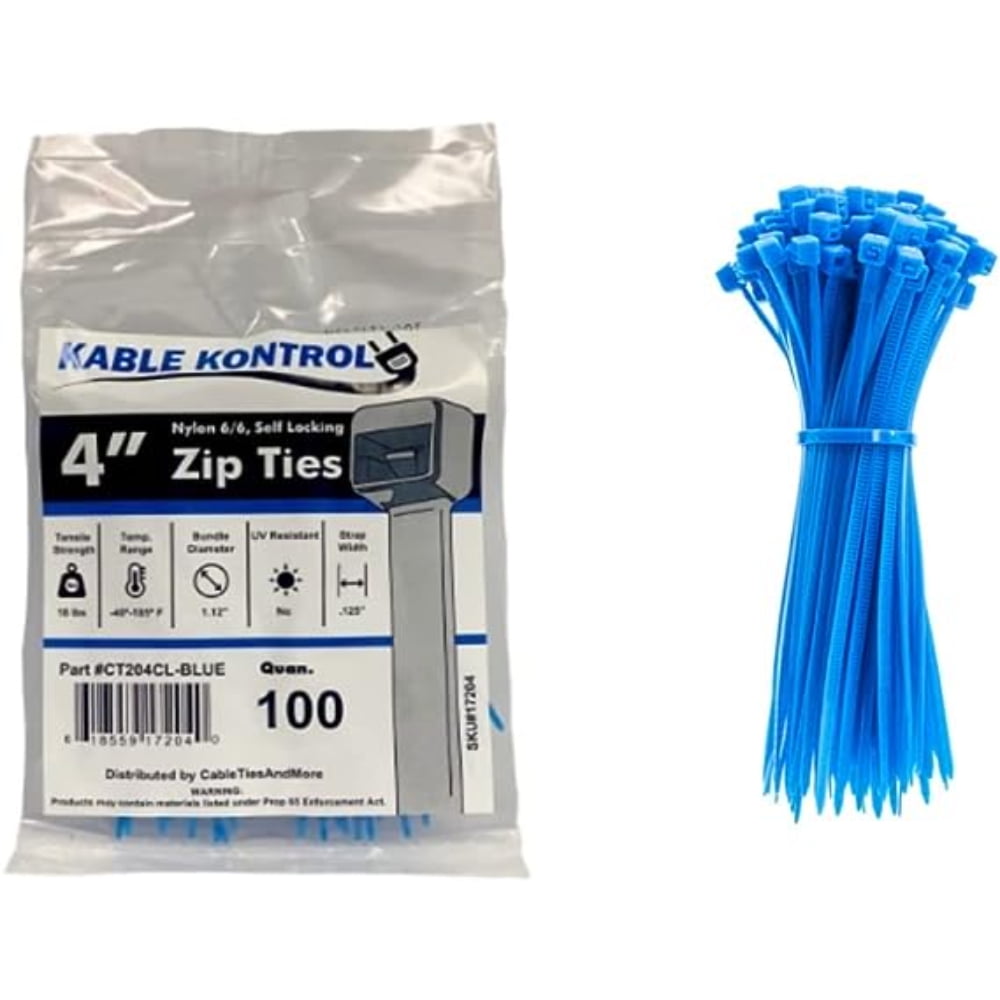 Kable Kontrol Zip Ties - 4" Long - 100 Pc Pk - Blue color - Nylon - 18 Lbs Tensile Strength ...