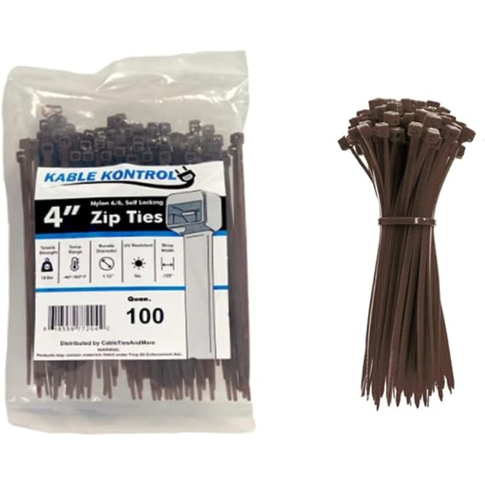 Kable Kontrol Zip Ties - 4" Long - 100 Pc Pk - Brown color - Nylon - 18 Lbs Tensile Strength ...