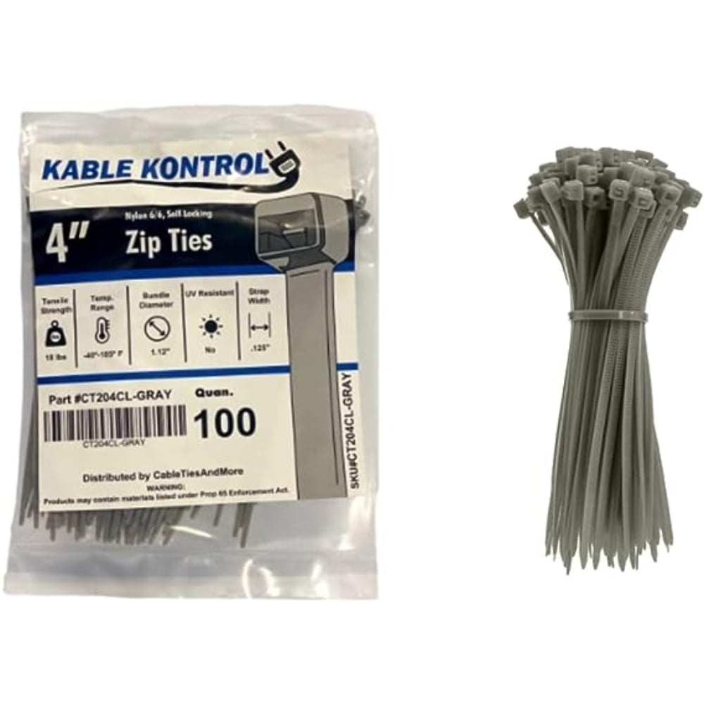 Kable Kontrol Zip Ties - 4" Long - 100 Pc Pk - Gray color - Nylon - 18 Lbs Tensile Strength ...