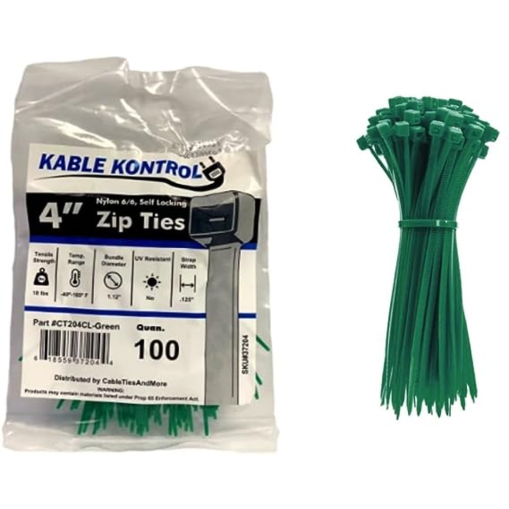 Kable Kontrol Zip Ties - 4" Long - 100 Pc Pk - Green color - Nylon - 18 Lbs Tensile Strength ...