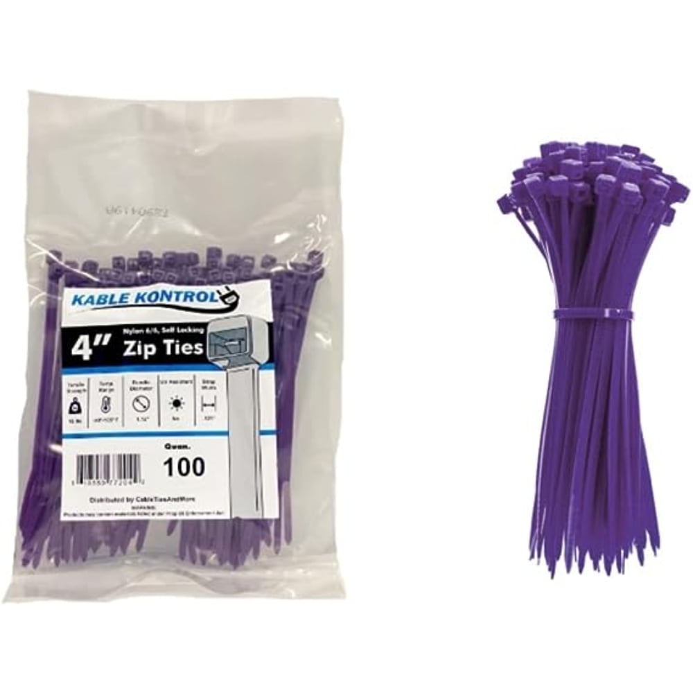Kable Kontrol Zip Ties - 4" Long - 100 Pc Pk - Purple color - Nylon - 18 Lbs Tensile Strength ...