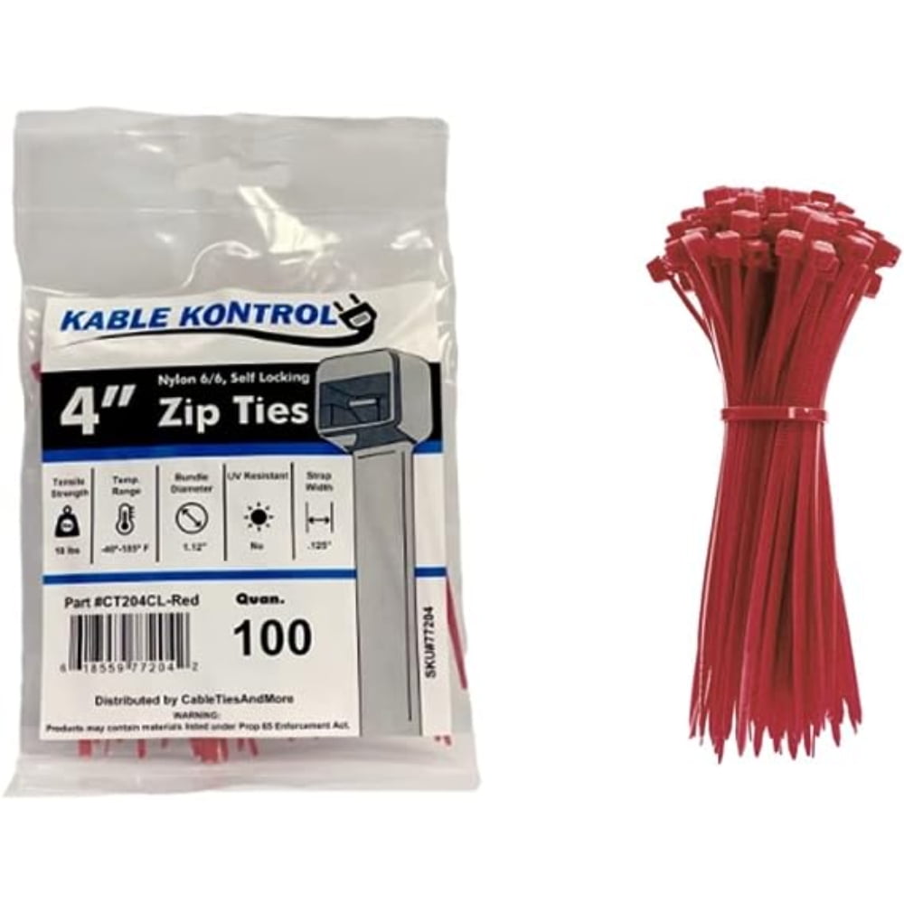 Kable Kontrol Zip Ties - 4" Long - 100 Pc Pk - Red color - Nylon - 18 Lbs Tensile Strength ...