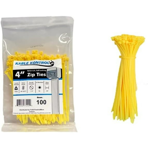 Kable Kontrol Zip Ties - 4" Long - 100 Pc Pk - Yellow color - Nylon - 18 Lbs Tensile Strength ...