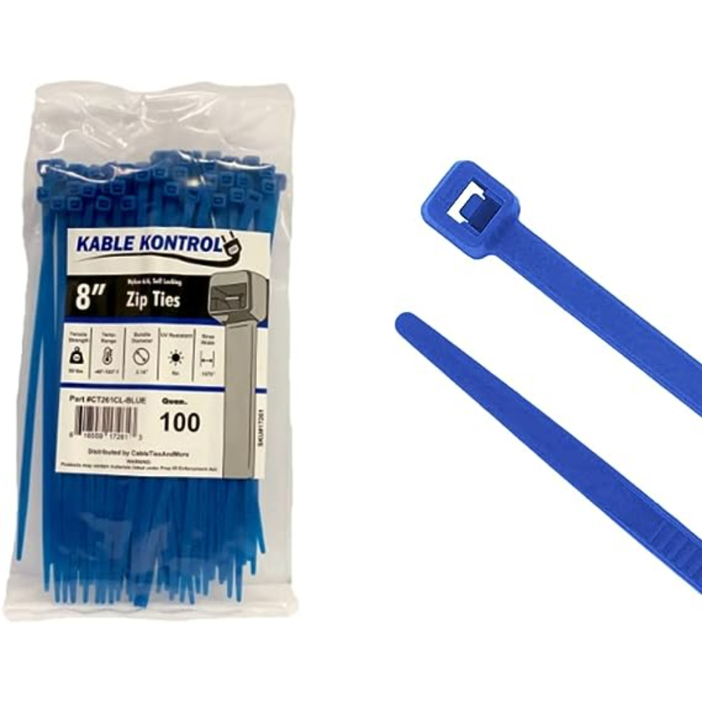 Kable Kontrol Zip Ties - 8" Long - 100 Pc Pk - Blue color - Nylon - 50 Lbs Tensile Strength ...