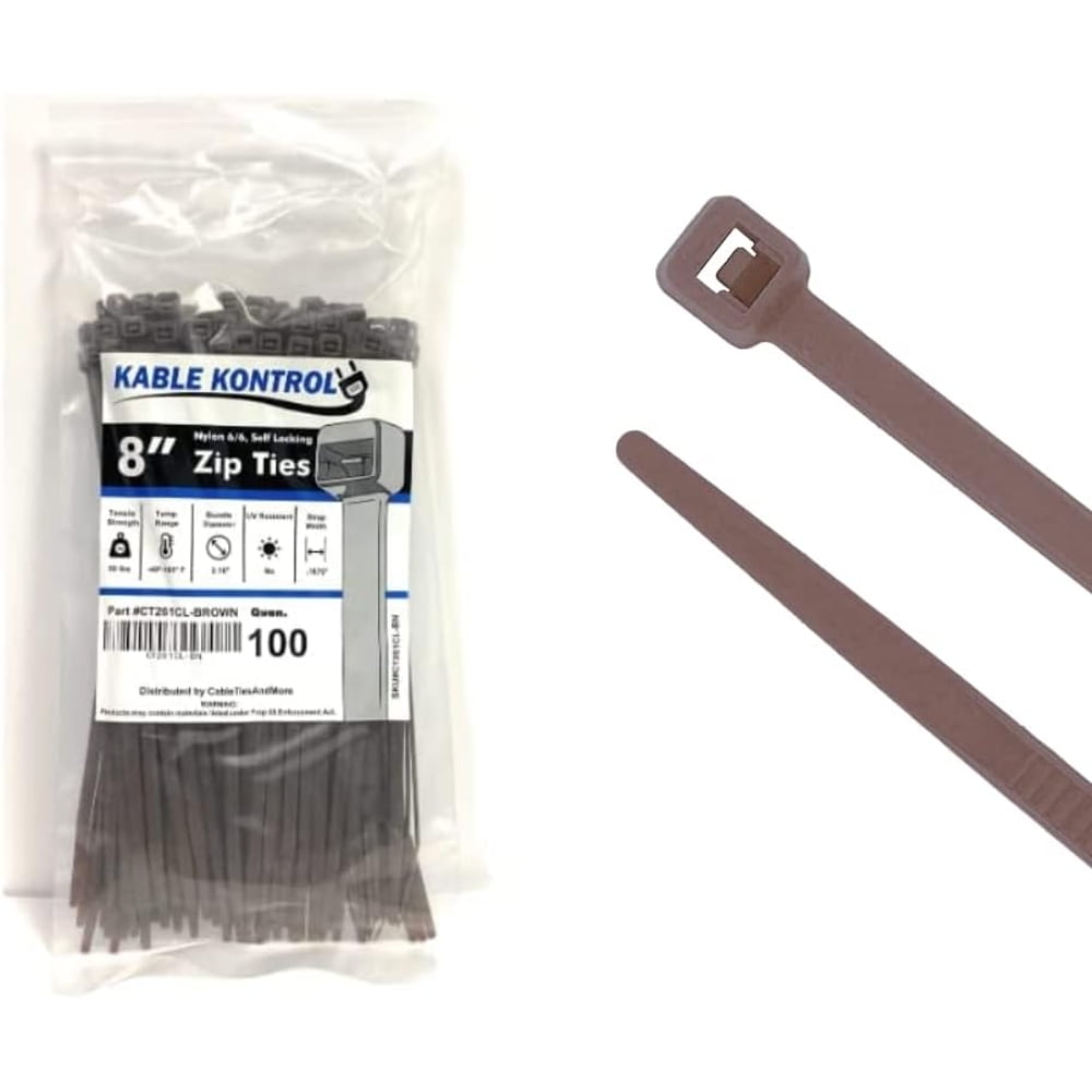 Kable Kontrol Zip Ties - 8" Long - 100 Pc Pk - Brown color - Nylon - 50 Lbs Tensile Strength ...