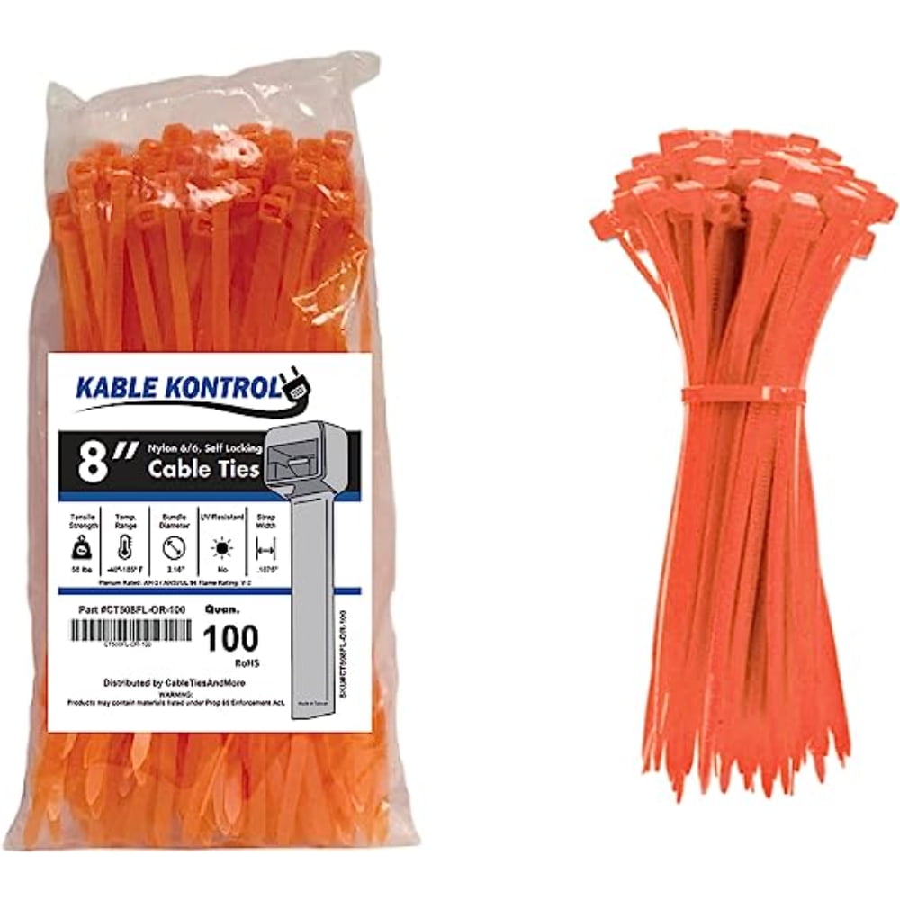 Kable Kontrol Zip Ties - 8" Long - 100 Pc Pk - Fluorescent Orange color ...
