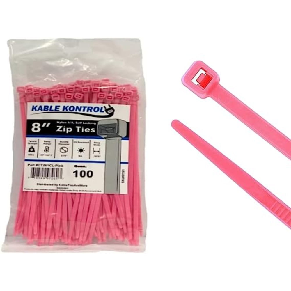 Kable Kontrol Zip Ties - 8" Long - 100 Pc Pk - Pink color - Nylon - 50 Lbs Tensile Strength ...
