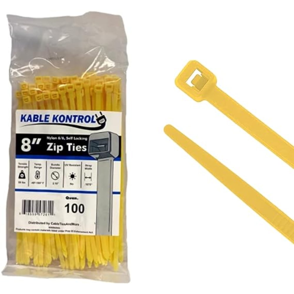 Kable Kontrol Zip Ties - 8" Long - 100 Pc Pk - Yellow color - Nylon - 50 Lbs Tensile Strength ...