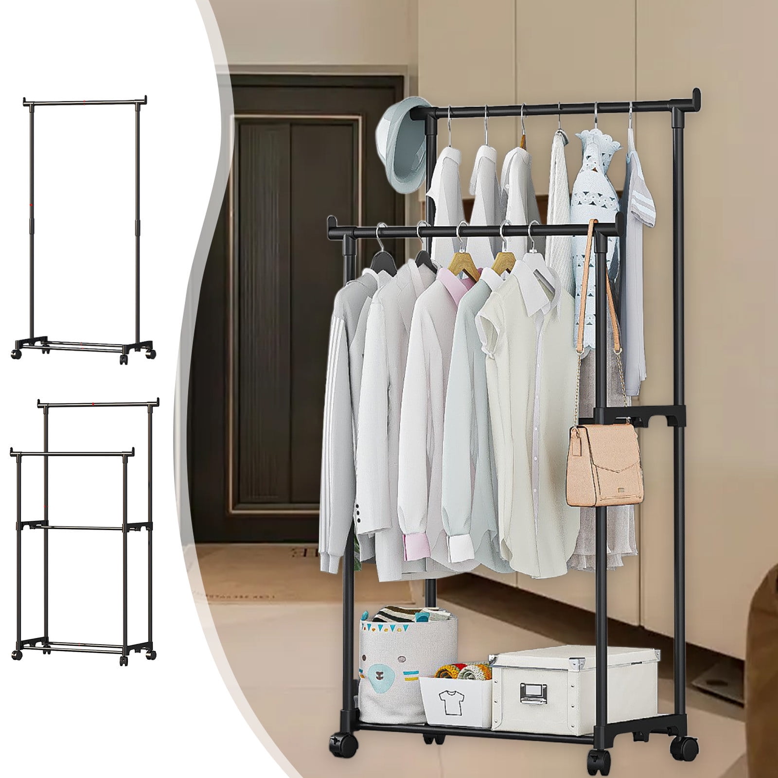 Kabnic Double Rod Garment Rack, 100lb Capacity Rust-Proof Rolling ...