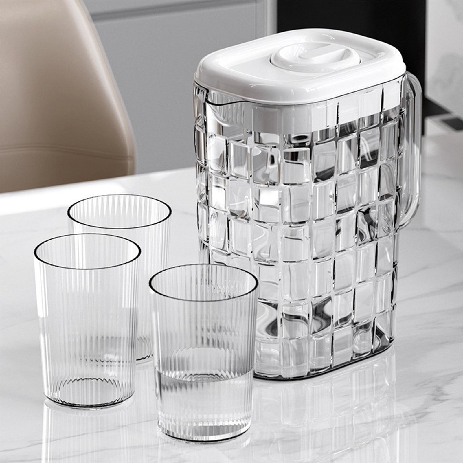 Kabnic Plastic Pitcher Set with 3 Cups, 2L Pitcher with Lid, Draining ...