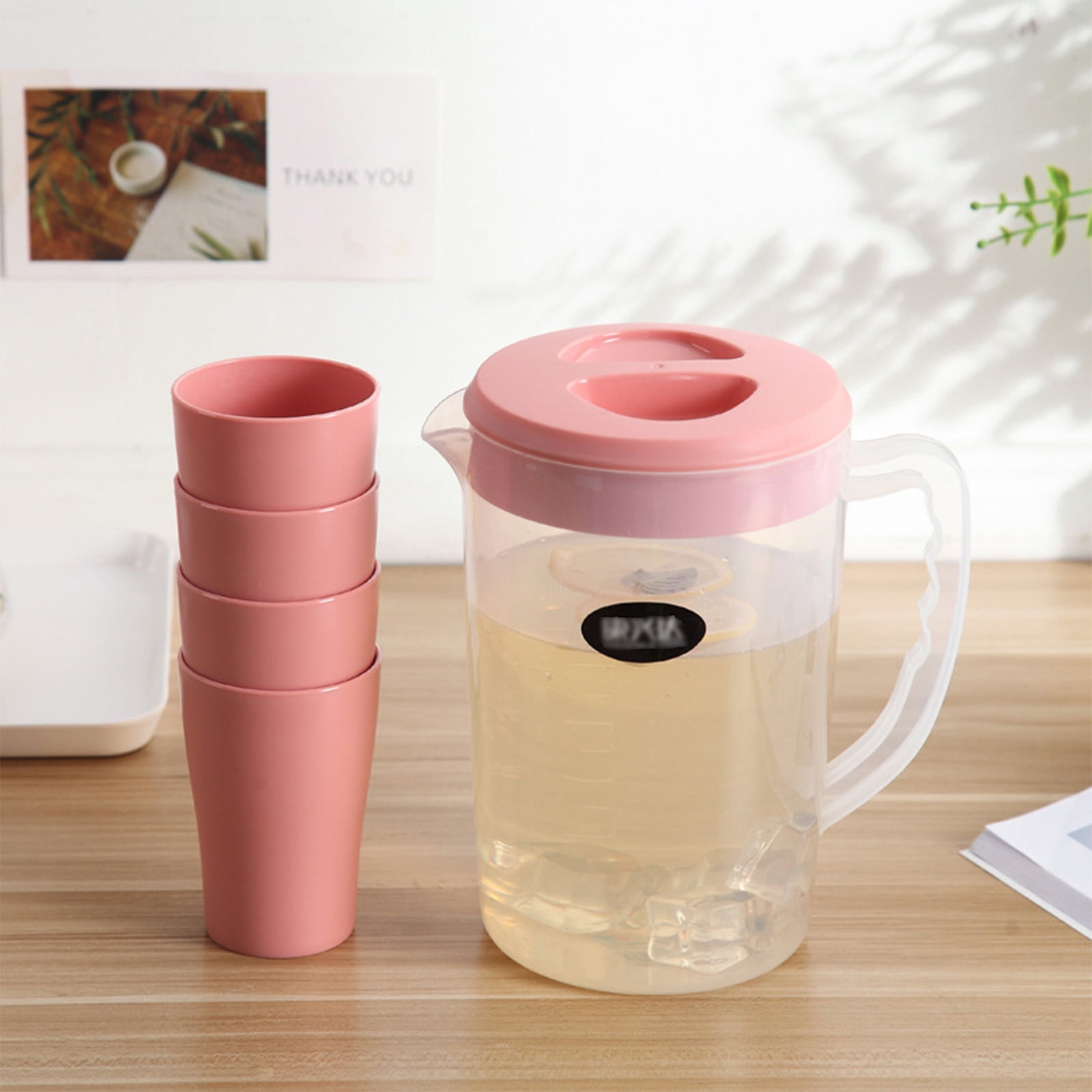 Kabnic Plastic Pitcher with Lid Set with 4 Cups, Draining Tray, 2.2L ...