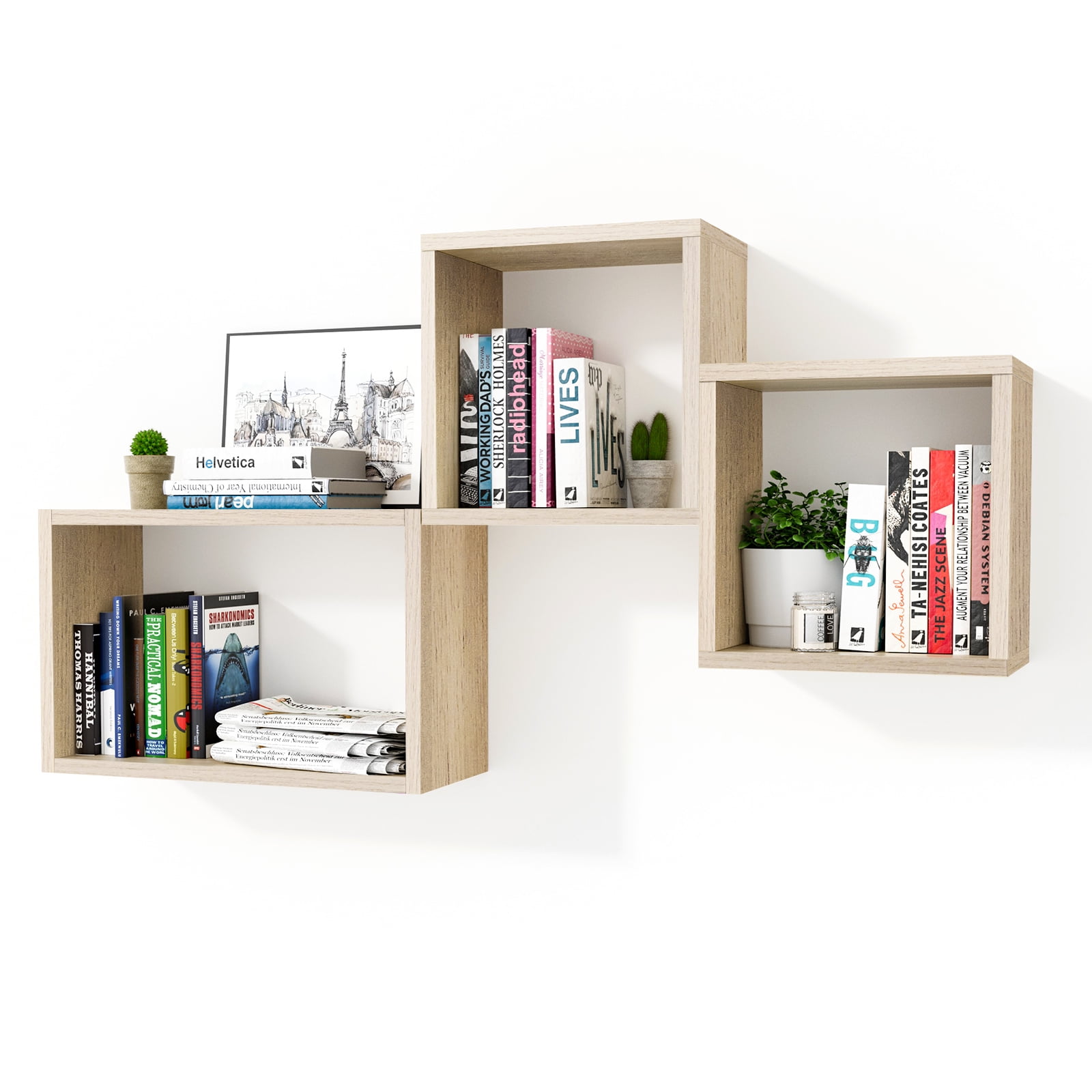 Kaboon Wall Mount Cube Shelf Set of 3, Light Oak, 19.75x12.5x7.75 ...