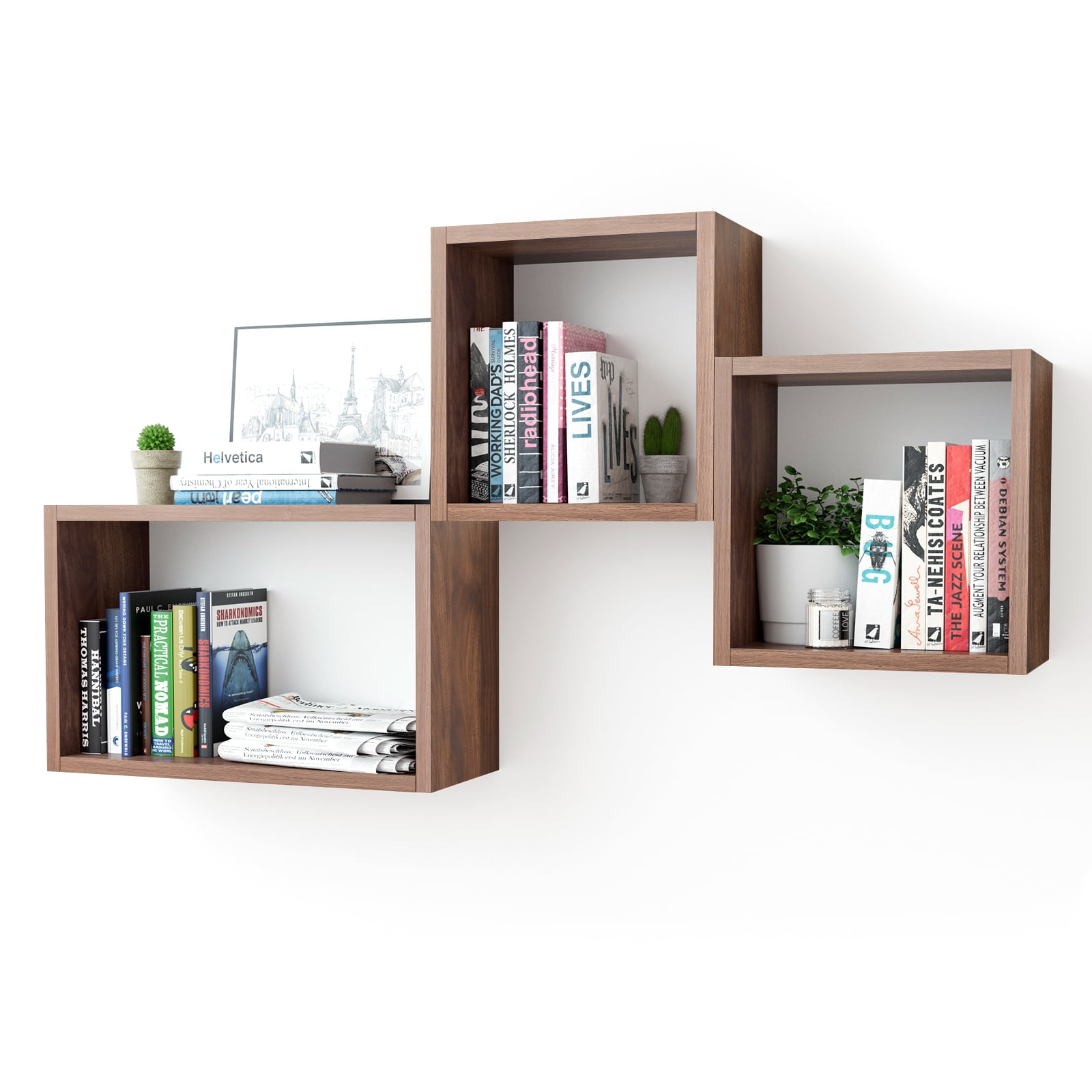 Kaboon Wall Mount Cube Shelf Set of 3, 19.75x12.5x7.75 inch,Dark Walnut ...