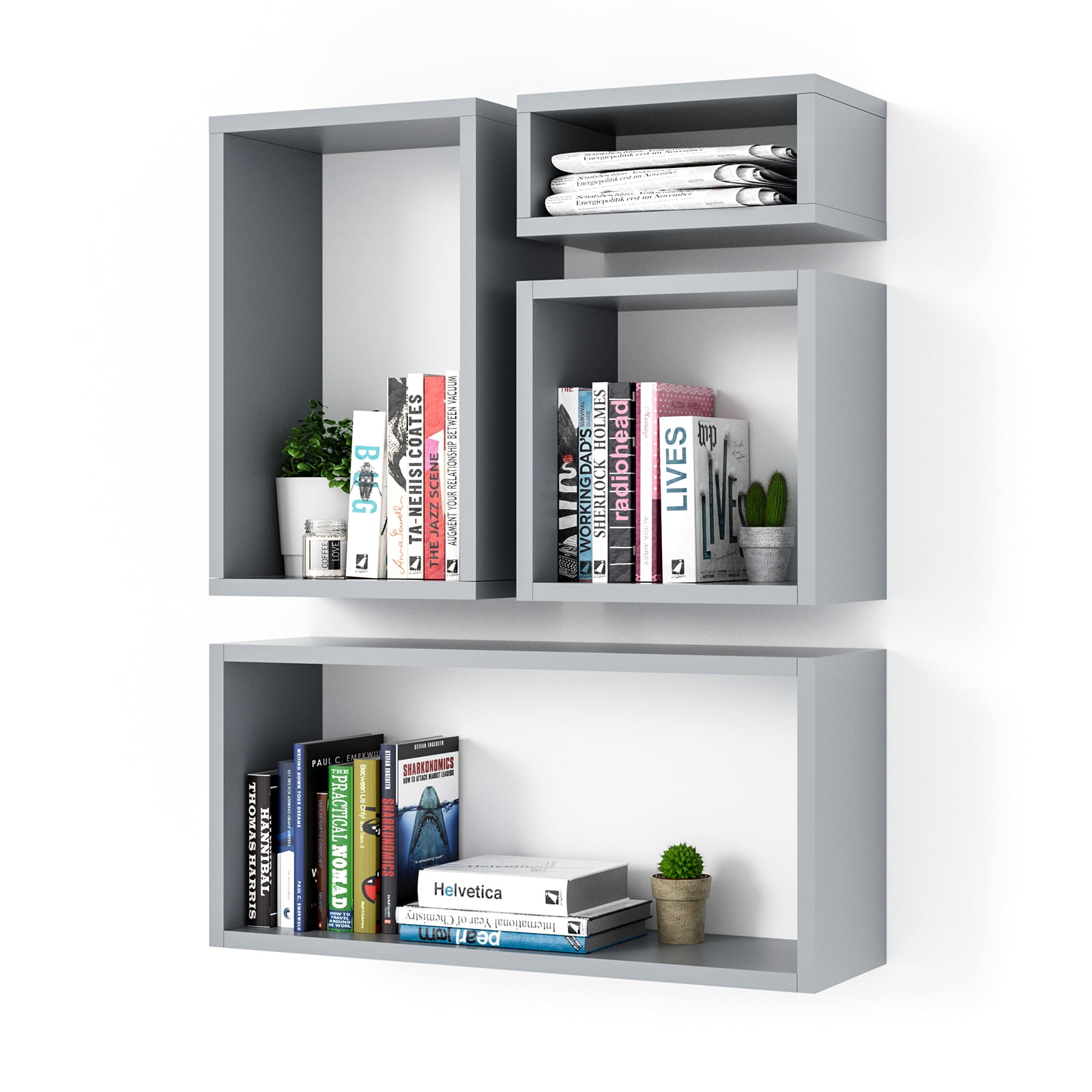 Kaboon Floating Cube Shelves Set of 4, Wall Mount, 59x43x7.87, Gray ...