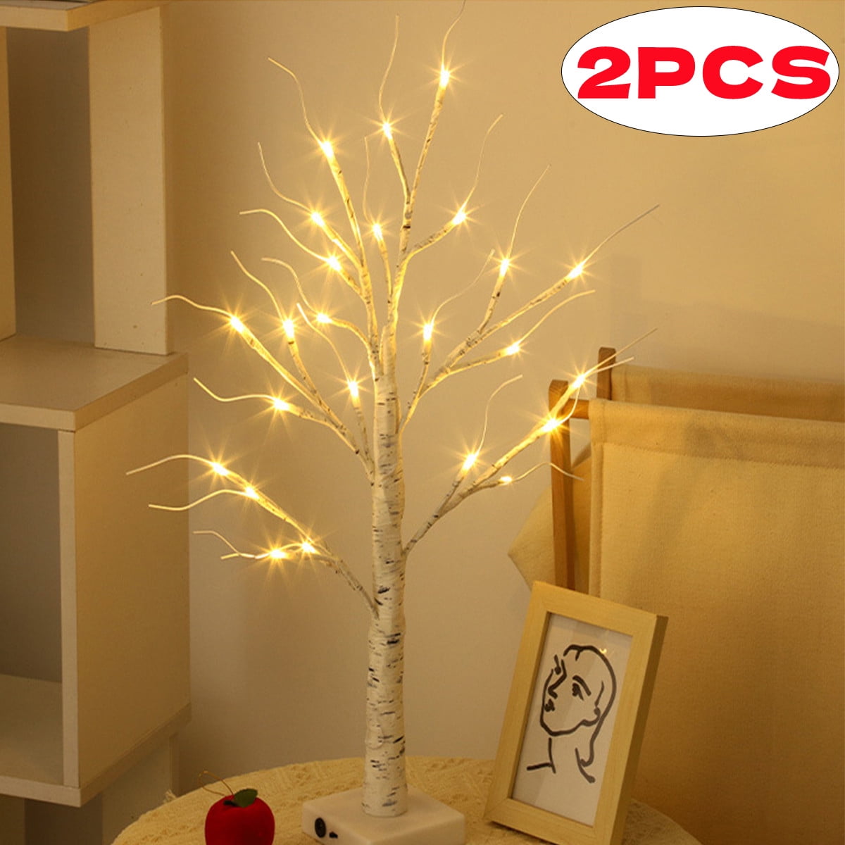 LED Pre-Lit Birch Tree Set - 2FT, Warm White Lights, Battery Operated ...