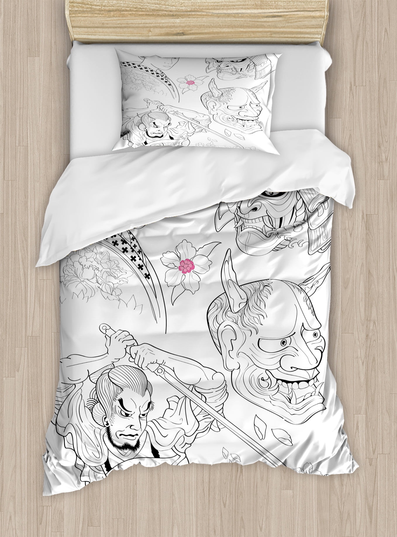 Kabuki Duvet Cover Set, Samurai Warrior and Japanese Woman Portrait ...