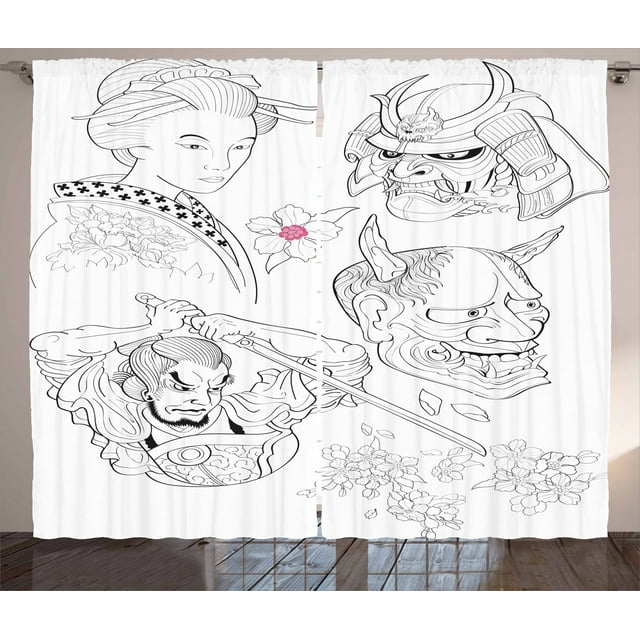 Kabuki Mask Decoration Curtains 2 Panels Set, Samurai Warrior Japanese ...