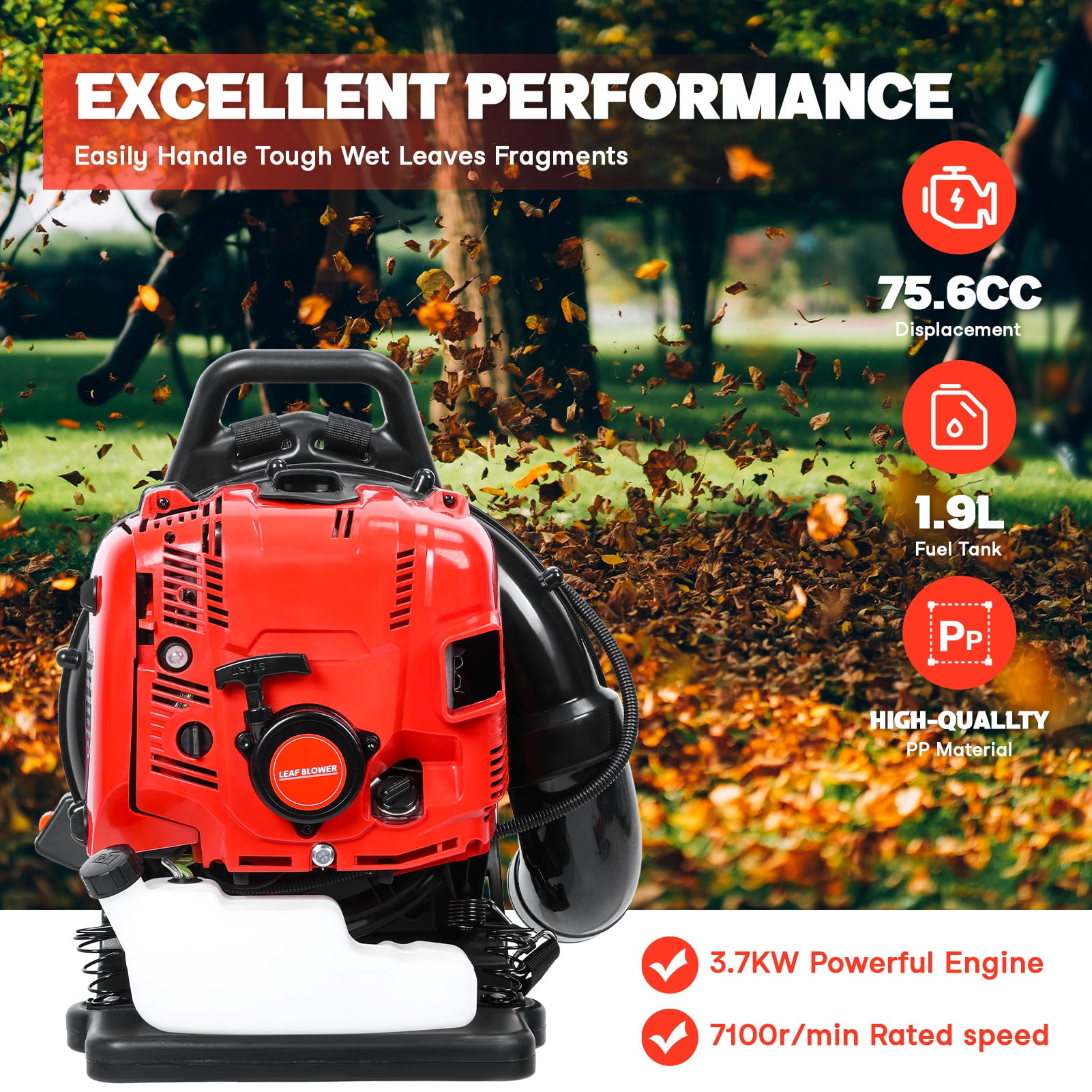 Kacaiy 75.6CC Gas Leaf Blower, 4-Stroke Backpack Gas Leaf Blower, Snow Blower, Up to 900 CFM and ...