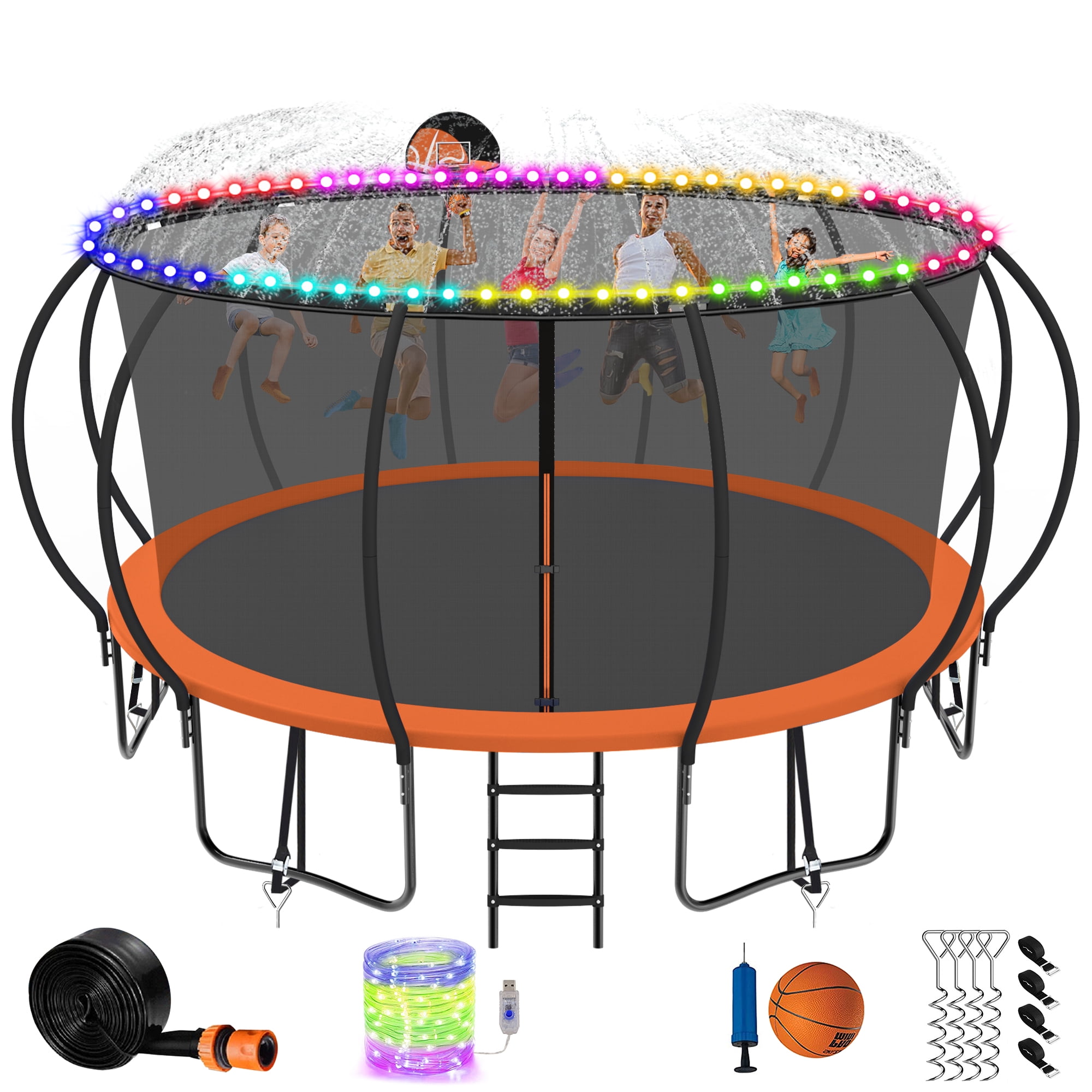 Kacho 16FT Orange Trampoline with Sprinkler and Light【Curved Poles ...