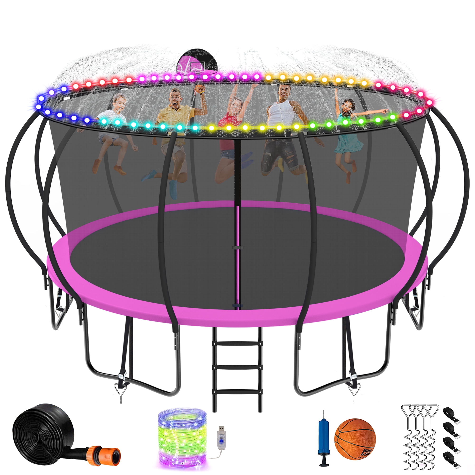 Kacho 16FT Pink Trampoline for Kid with Sprinkler and Light【Curved ...