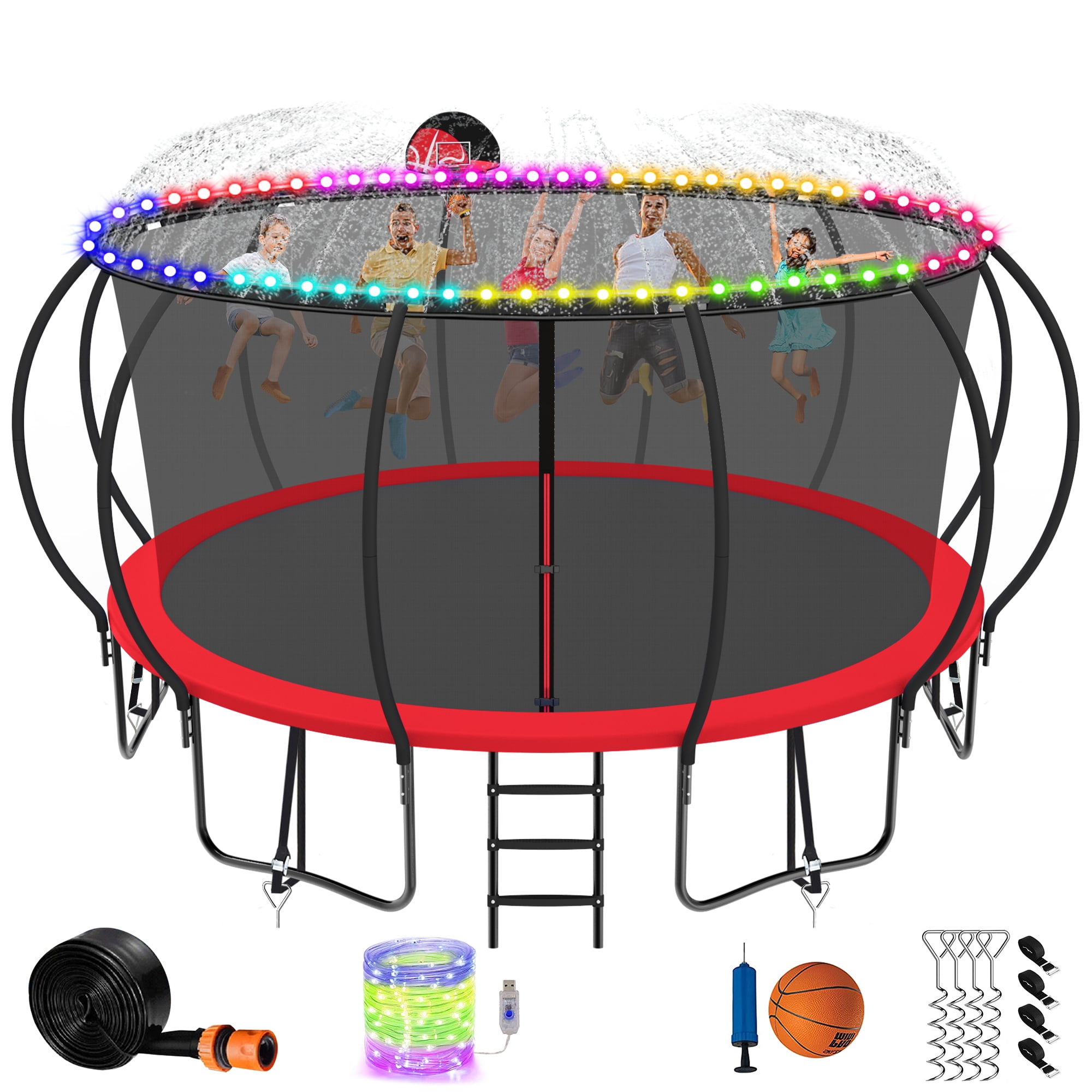 Kacho 16FT Trampoline with Sprinkler and Light【Curved Poles Reinforced ...