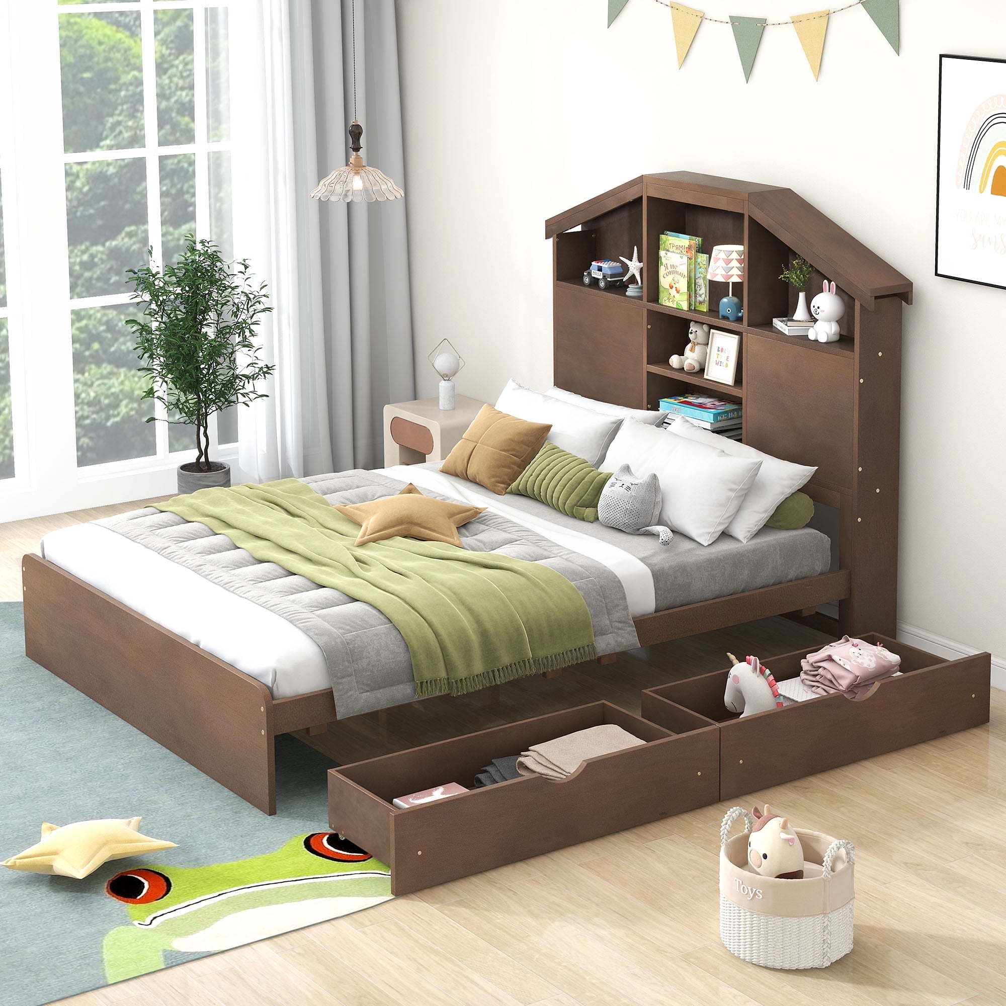 Kacho Full Bed with Storage Drawers, Wood Platform Bed with Bookcase ...