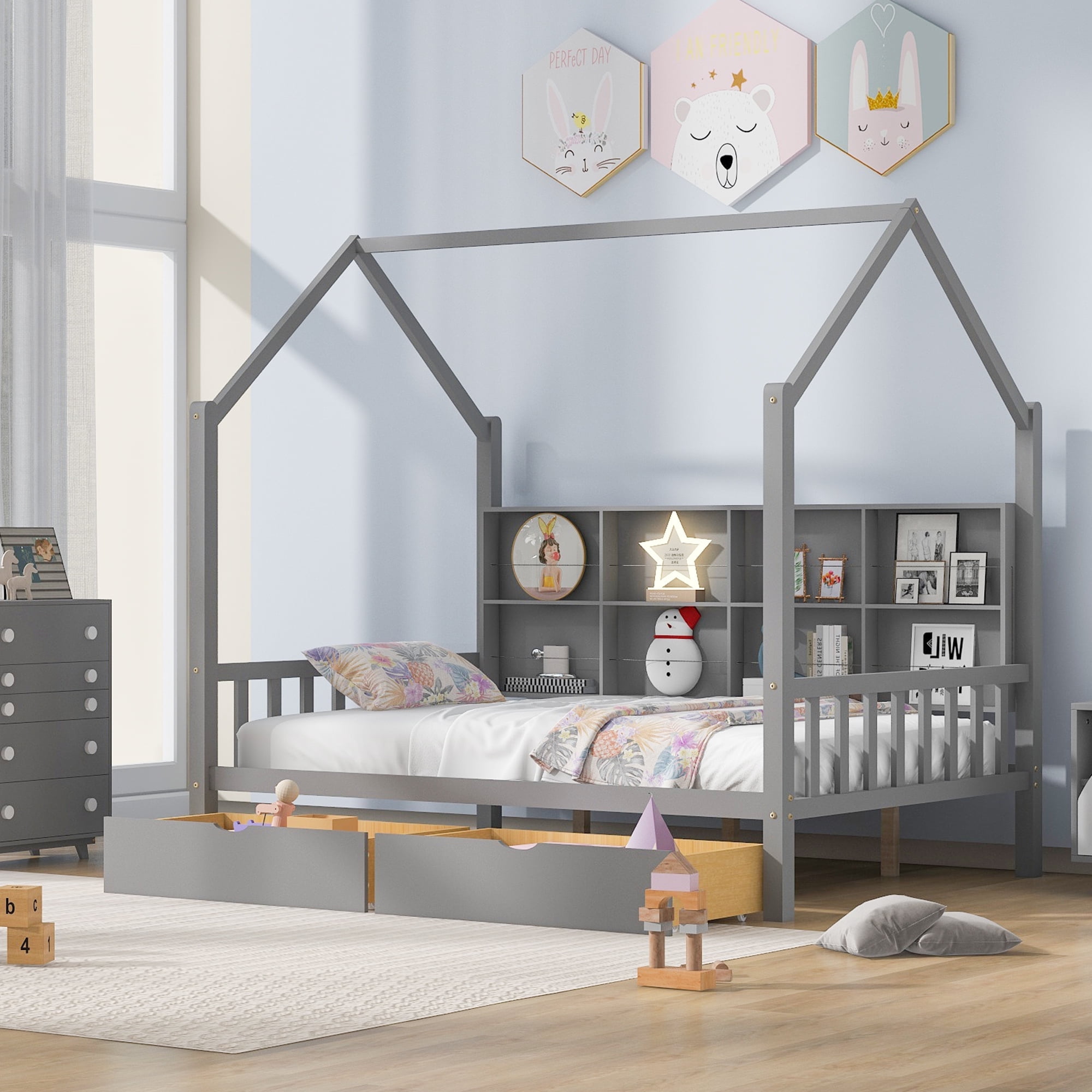 Kacho Full House Bed, Wooden Frame with 2 Drawers and Storage Shelf ...