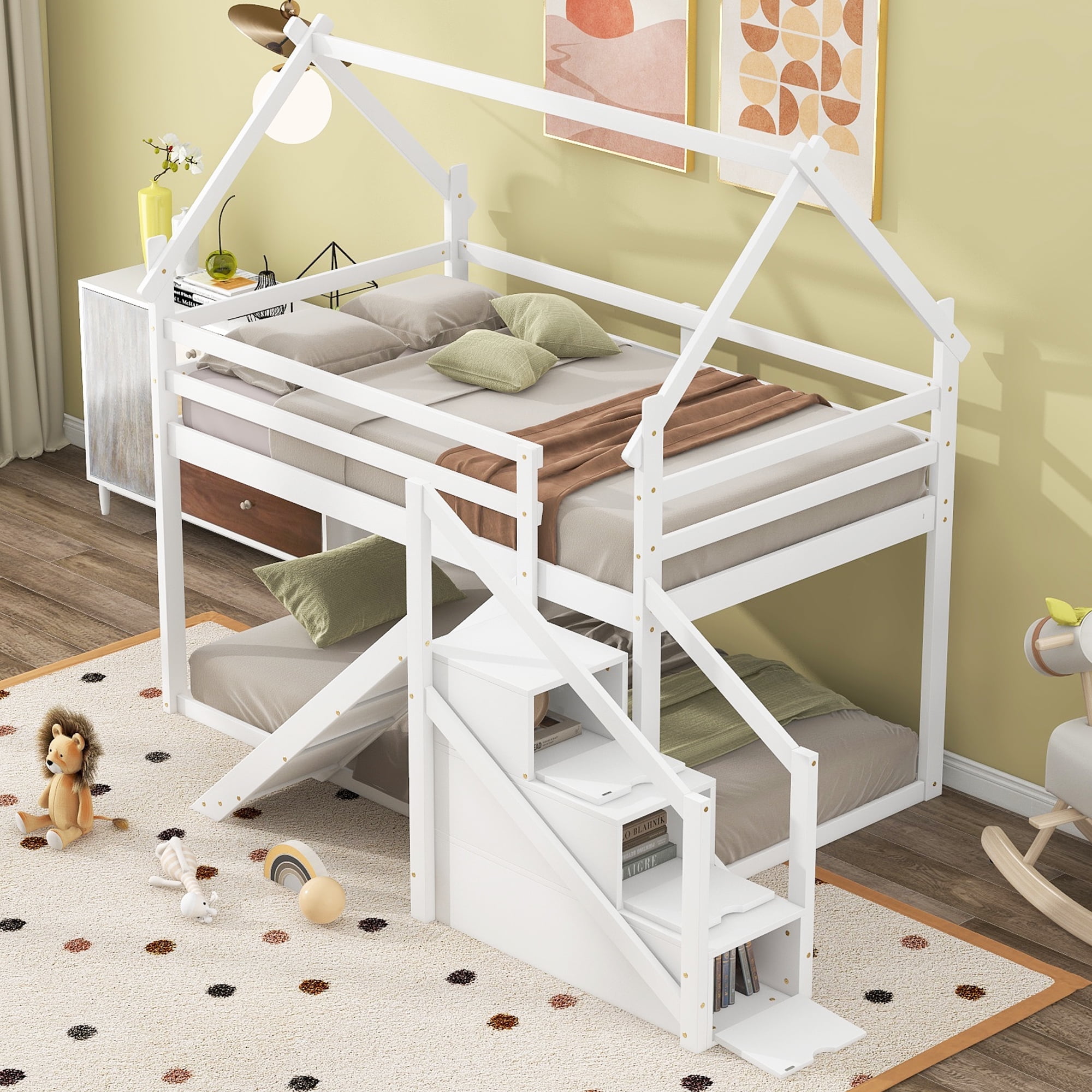 Kacho House Bunk Bed Twin over Twin with Slide and Storage Stairs, Wood Bunk Bed Frame with Roof ...