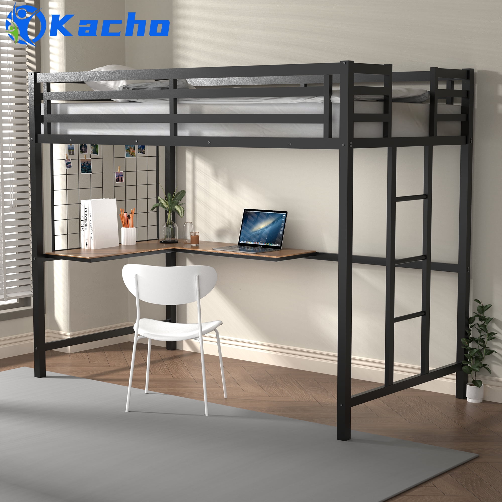 Kacho Twin Size Loft Bed Frame with Desk, Full-Length Kacho Twin Size Loft Bed Frame with Desk, Full-Length