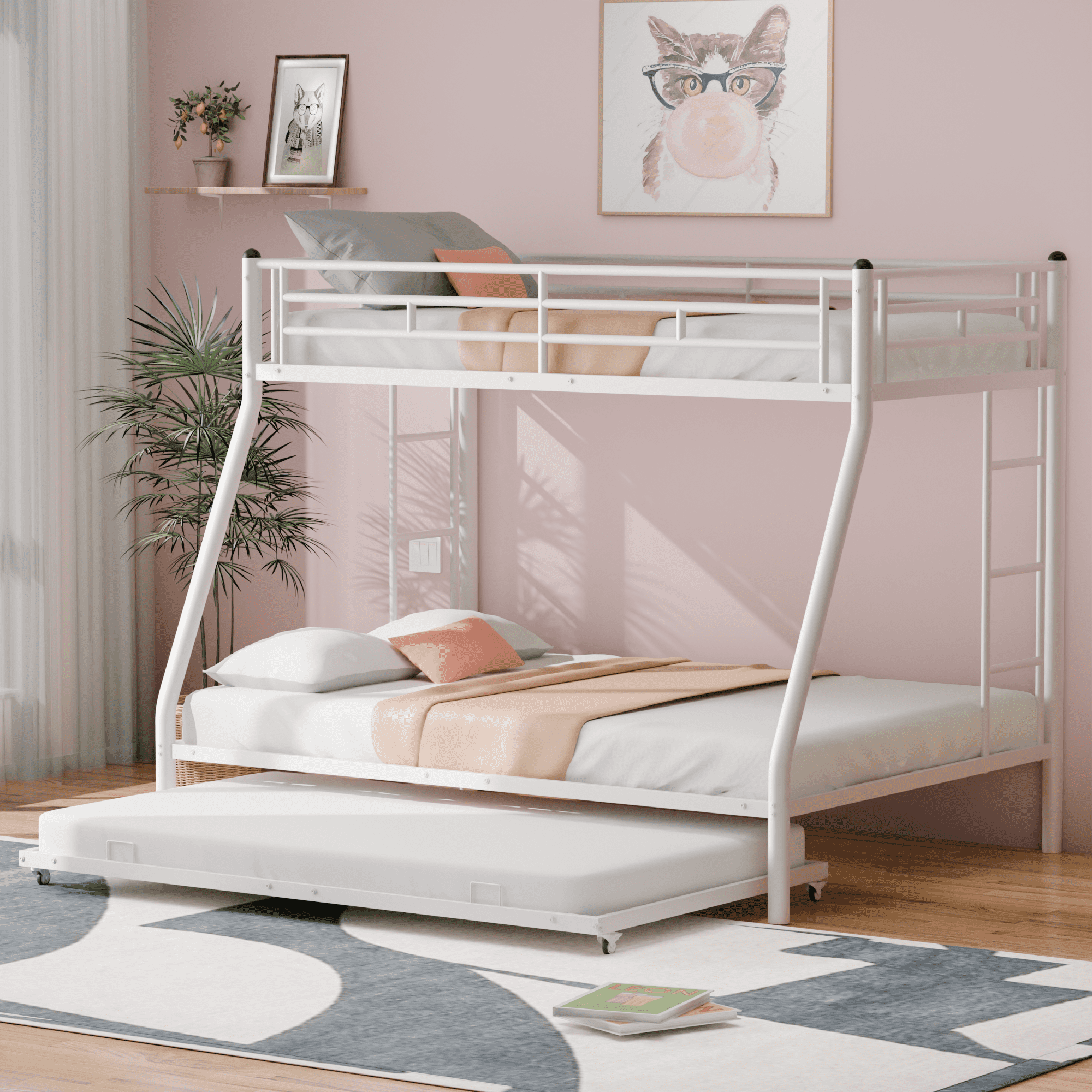 Kacho Metal Bunk Bed, Twin over Full Metal Bed with Twin Size Trundle, Bunkbed with Twin Size ...