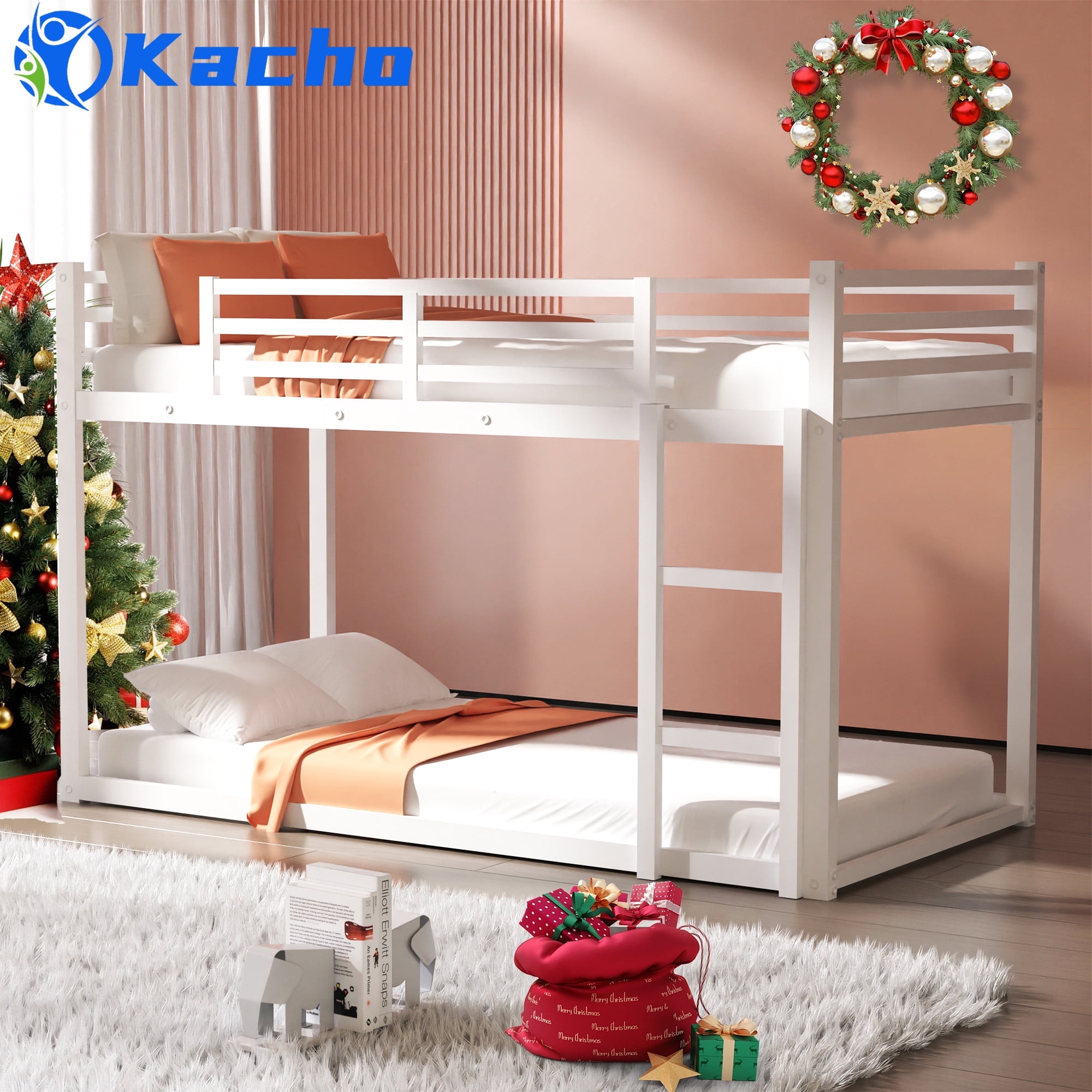Kacho Metal Bunk Bed, Twin Over Twin Bunk Bed, Low Bunk Bed with Safety Full-Length Guardrail ...