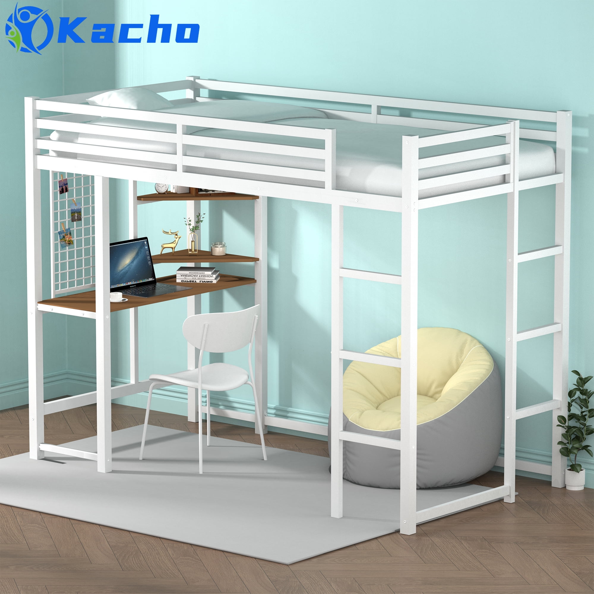 Kacho Metal Loft Bed with 2 Ladders, Loft Bed Frame for Kids, Twin Bunk Bed with Desk and Metal ...