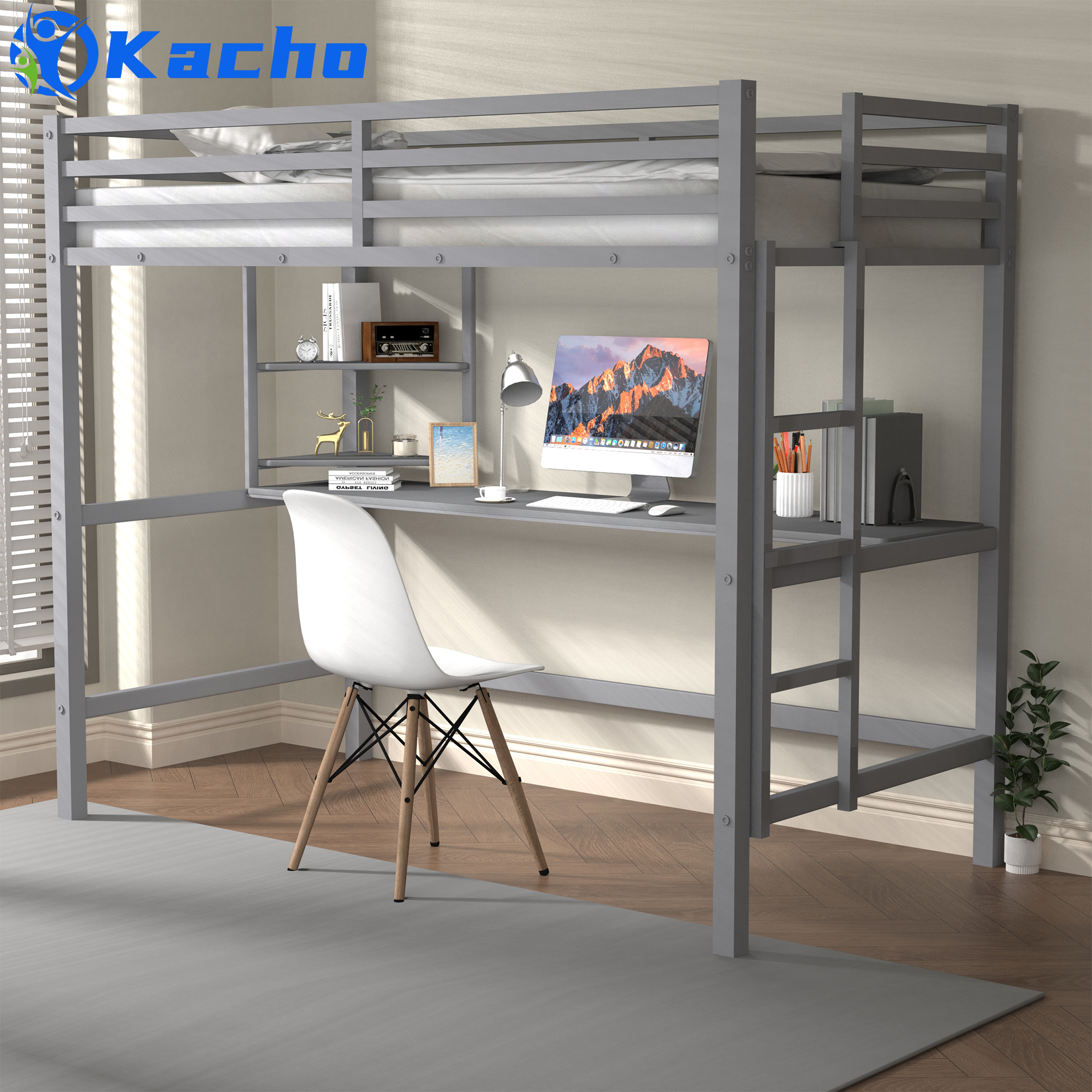 Kacho Metal Loft Bed, Loft Bed Frame for Kids, Twin Bunk Bed with Desk and Storage Shelves ...