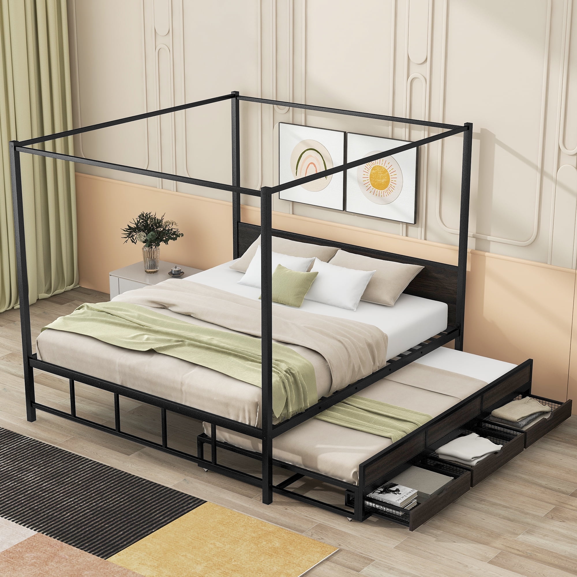 Kacho Queen Size Metal Canopy Bed, Twin Trundle, 3 Storage Drawers, No ...