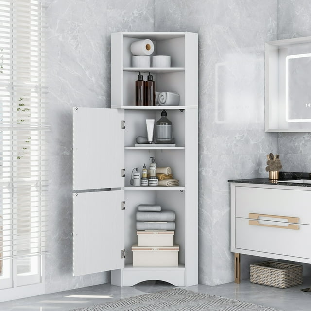 Kacho White Corner Bathroom Cabinet, Freestanding Narrow Storage ...