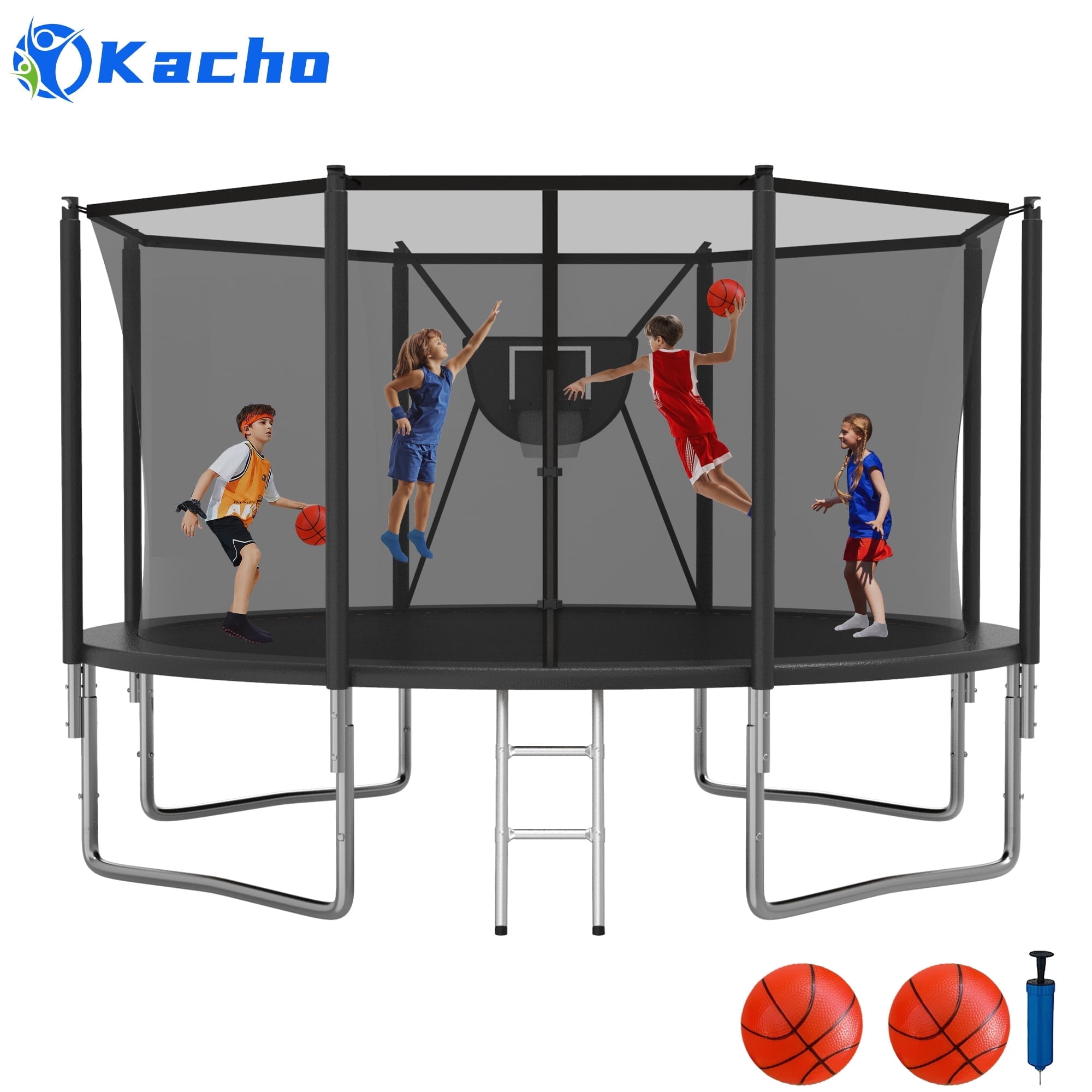 Kacho 12ft Trampoline, 1200lbs, Adults & Kids, Safety Net, Basketball ...