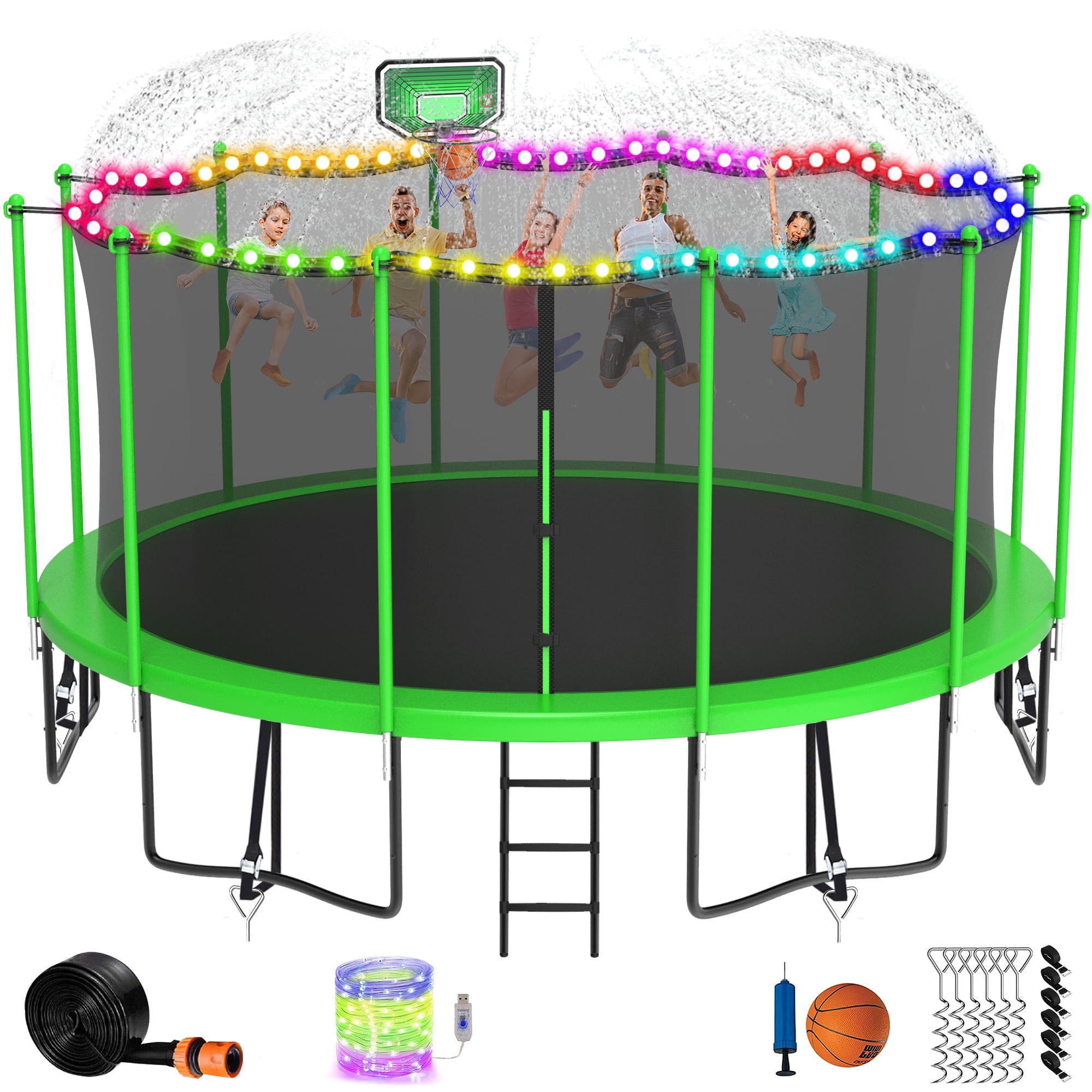 Kacho Trampoline for 9-10 Kids, 16FT Trampoline with Enclosure Net, Sprinkler and Light, Ladder ...