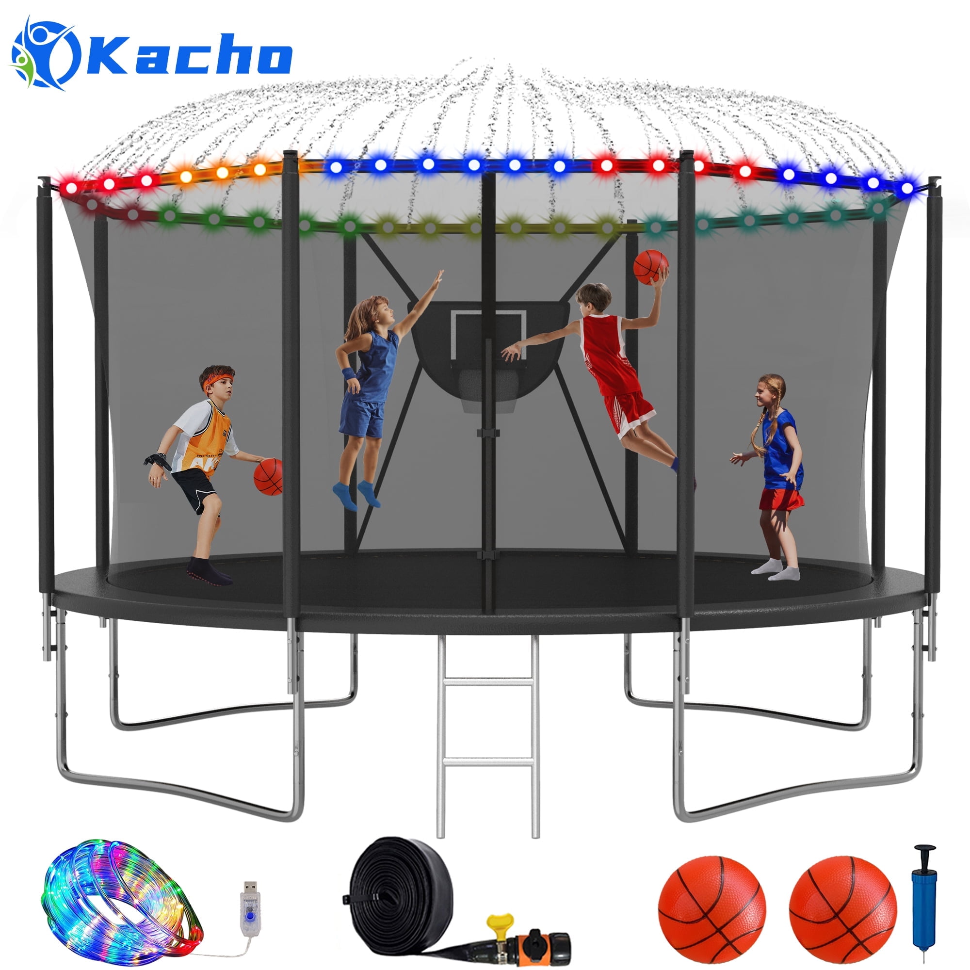 Kacho Trampoline for Kids & Adults, 10-16FT with Net, Hoop, Balls ...